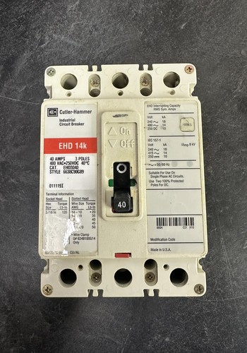 CUTLER HAMMER EHD 14K EHD3040L 40A 480V 3P INDUSTRIAL CIRCUIT BREAKER ...