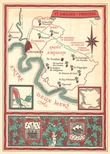 St Emilion and Pomerol wine map. Carte vinicole. Bordeaux Gironde 1957 ...