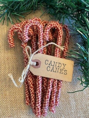 12 Primitive 6" BARN RED SMALL CHECK Fabric Candy Canes Christmas ...