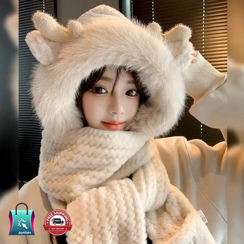 Women’s Plush Elk Antler Hat with Scarf & Gloves – Winter Ear Protector ...