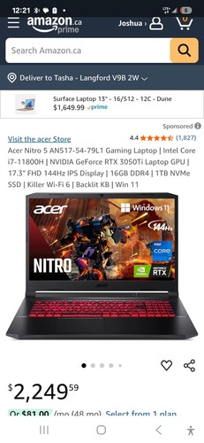 ACER NITRO 5 I7 12500H 165 HZ 16RAM 15.6 ...2499.00$ RETAIL PRISTINE ...