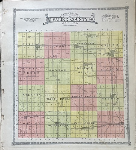 1918 Map, Saline County, NE, Townships, Towns, RR, ++ 15 1/2” x 13 1/2 ...