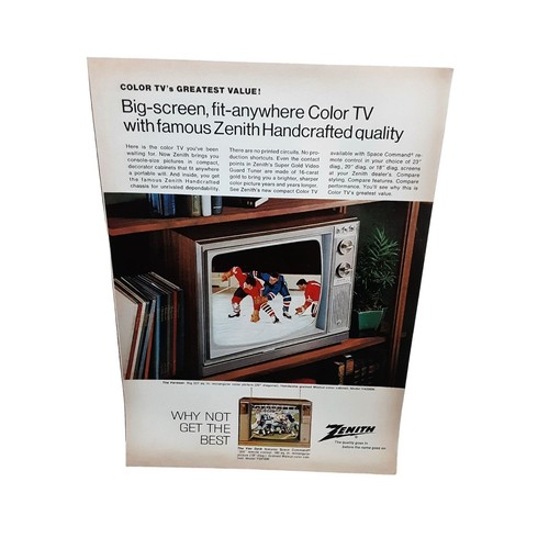 1967 Zenith Color TV with Hockey vintage Original Print ad | eBay