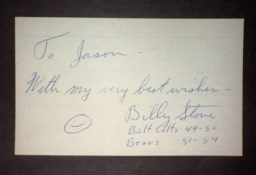 Billy Stone, SIGNED 3x5 Index Card - 1949 Baltimore Colts (Died 2004 ...