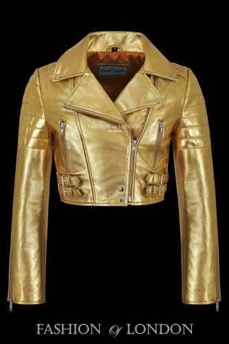 PROVOCATIVE Cropped Ladies Leather Jacket Golden Biker Rock Style Short ...