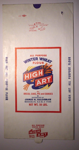 LARGE Vintage Paper Sack Bag - HIGH ART FLOUR, JAMES HALDEMAN, MANHEIM ...