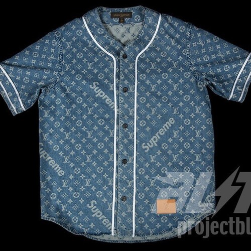 SUPREME x LOUIS VUITTON JACQUARD DENIM MONOGRAM BASEBALL JERSEY Size 4L ...