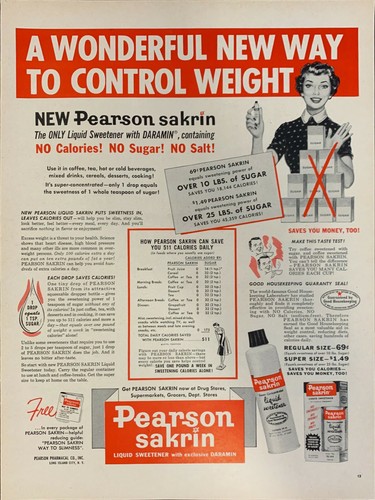 Vintage 1956 Pearson Sakrin Liquid Sweetener Weight Loss Print Ad ...
