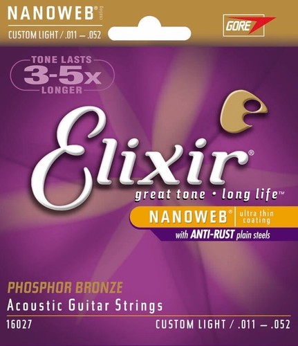 Elixir .011-0.052 Gauge Nanoweb Phosphor-Bronze Acoustic Guitar Strings ...
