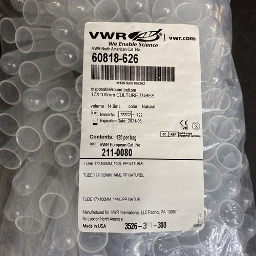 VWR Culture Tube 14 ml 17 x 100 mm Round Bottom Polystyrene Total of ...