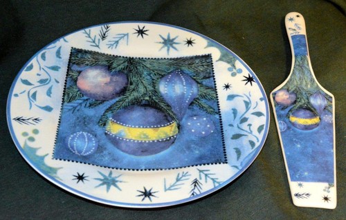 WCL Cake Plate & Server - Beautiful Holiday Ornaments in Blue - EUC | eBay