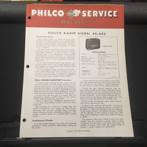Original Service Manual for the Philco Model 49-602 Radio 1948 Repair ...