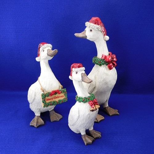 3 Christmas Ducks Figurines Santa Hats & Wreaths Hand Painted Faux Wood ...