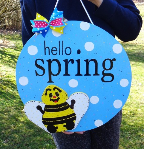 18" HELLO SPRING Bee Sign Wood Plaque Hand Crafted U Choose Applique ...