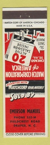 Matchbook Cover - Match Corporation of America Emerson Manuel Draper NC ...