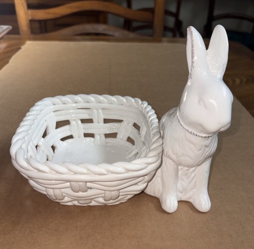 Porcelain Bunny Rabbit With Open Weave Candy Dish By Arlington Designs ...
