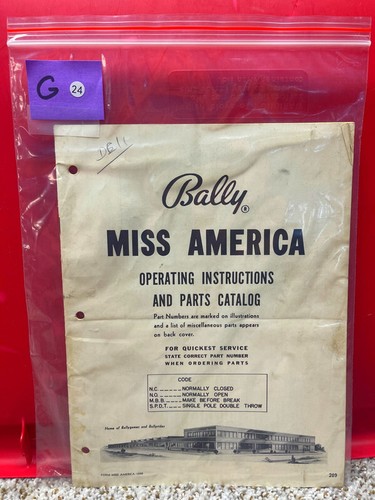 Miss America Pinball Operation Instructions Parts Manual ORIGINAL Bally ...