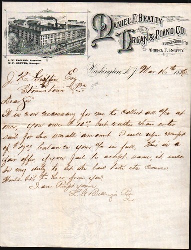1885 Washington NJ - Daniel F Beatty Organ & Piano Co - Rare Letter ...