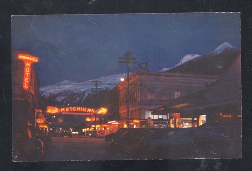 KETCHIKAN ALASKA DOWNTOWN STREET SCENE AT NIGHT VINTAGE POSTCARD | eBay
