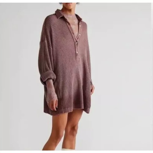 Free People Wilder Polo Shirt Dress Waffle Contrast Oversized Button XS ...