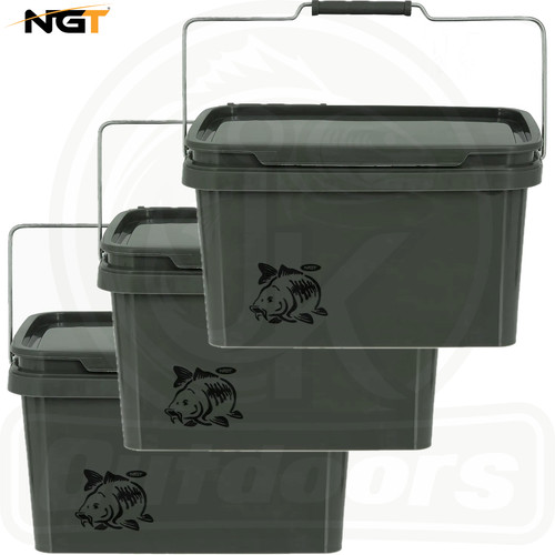 3x NGT 5L Carp Fishing Buckets For Bait Boilies Pellets Spod Mix Square ...