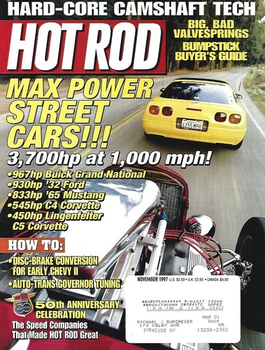NOVEMBER 1997 HOT ROD MAGAZINE MAX POWER STREET CARS CAMSHAFT TECH HOW ...