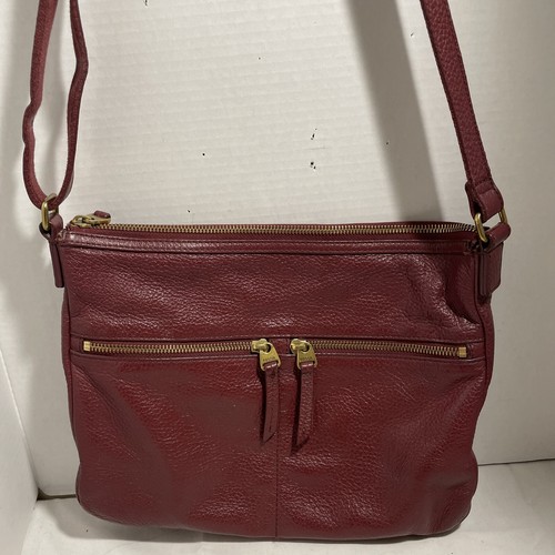 Fossil Red/Burgundy Purse Cross Body Pebble Leather Metal Zippers ...