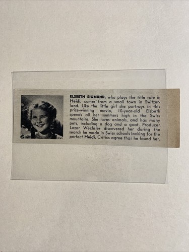 Elsbeth Sigmund Heidi 1954 Hollywood Star Panel | eBay