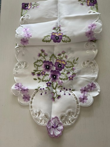Lovely Purple Pansies Fancy Embroidered & Laser Cut Table Runner 15X54 ...