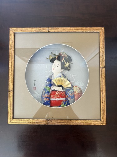 Vintage Porcelain Geisha Doll Shadow Wall Box Art Gold Framed Japanese ...