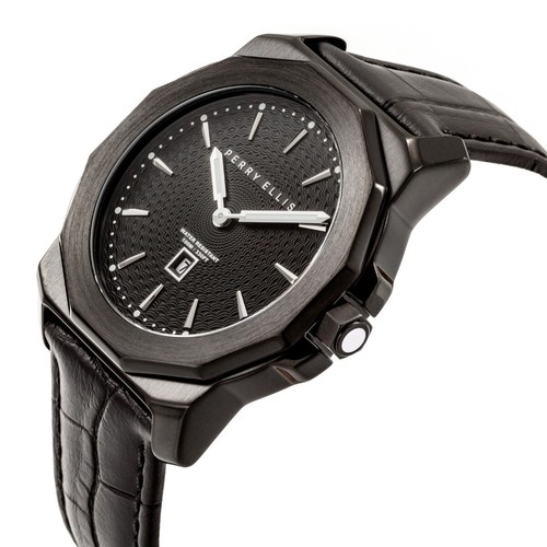 NEW Perry Ellis 46mm Decagon Black SS 100M WR Men's Watch PEW05006-01 ...