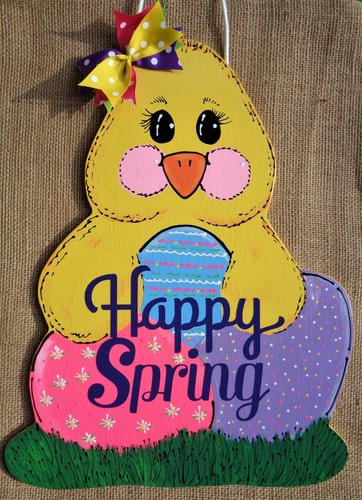 HAPPY SPRING CHICK w/EGGS SIGN Wall Art Door Hanger PLAQUE Seasonal ...