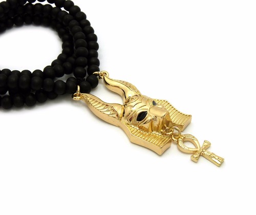 NEW ANUBIS & ANKH CROSS PENDANT & 27" STRETCH WOOD BEAD CHAIN HIP HOP ...