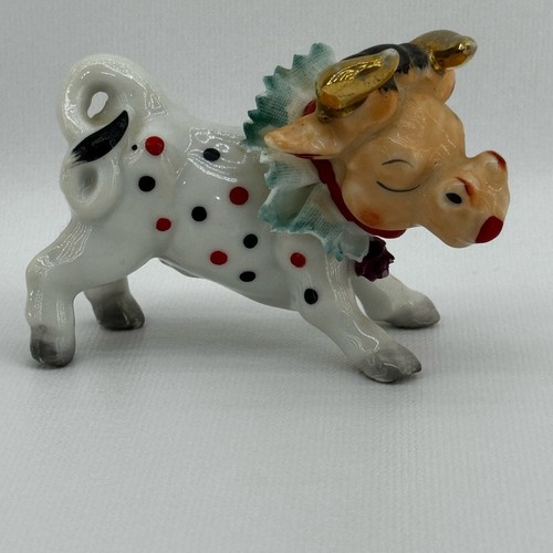 Vintage Winking Bull Cow Ceramic Figurine Kitsch Polka Dots Gold Bow ...