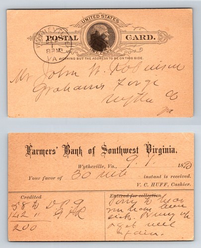 Farmers’ Bank of Southwest Virginia 1890 Postal Card Graham's Forge ...