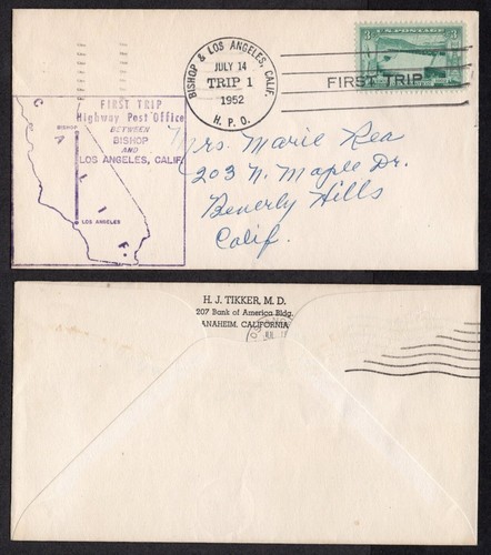 1952 Highway Post Office Cover - Bishop and Los Angeles, California | eBay