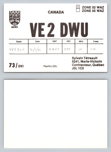 Ham Radio QSL QSO Postcard VE2DWU, Contrecoeur, Quebec, Canada | eBay