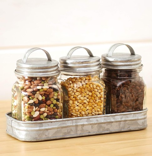 Farmhouse Country Glass Canister Set Galvanized Metal Lids w/ Tray Jars ...