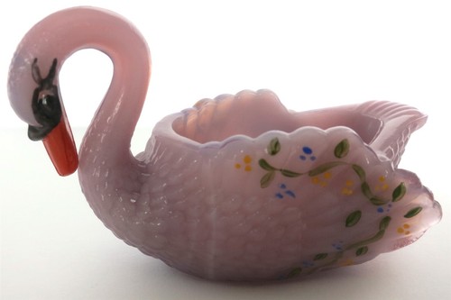BOYD GLASS OPALESCENT LAVENDER HANDPAINTED SWAN OPEN SALT CELLAR NO ...
