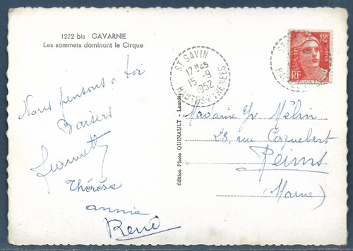 Tàd rond tireté St Savin / Hautes Pyrénées 15.9.1952 sur CP affr. 12 F ...