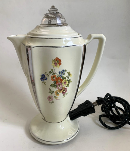 Vtg PORCELIER Porcelain Percolator Coffee Pot Floral Uranium Glaze ...