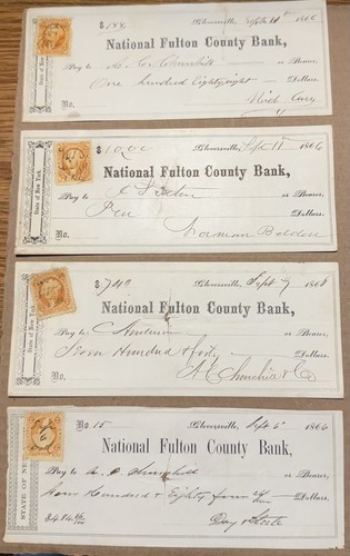 1866 Gloversville NY, National Bank, Fulton County (4) Four Checks ...