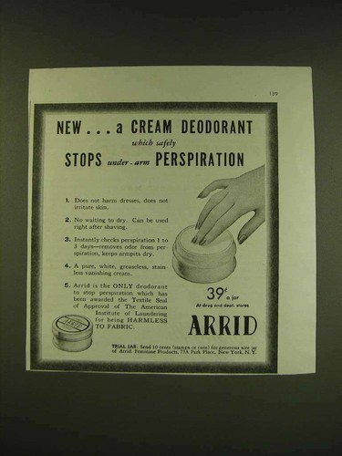 1938 Arrid Antiperspirant Ad - New a cream deodorant which safely stops ...