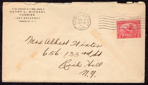 1921 2c Pilgrim Stamp On NYC Harry L. Michael Furrier Corner Card ...