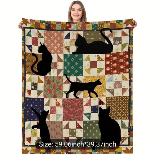 Cozy Patchwork Cat Themed Soft Knitted Polyester Throw Blanket 60 X 40 ...