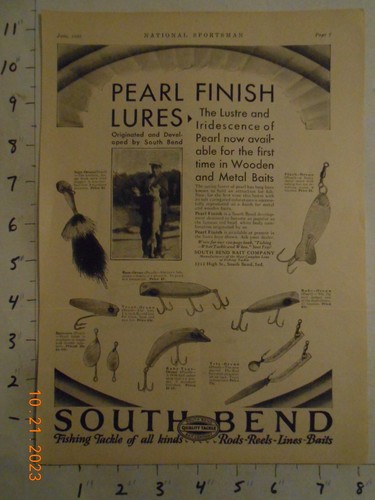 1930 South Bend fishing lure tackle AD W.J. Schaldach etching Fightin ...