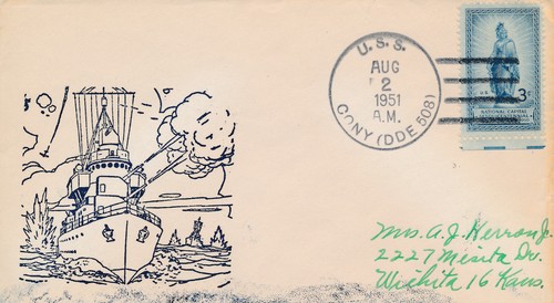 POSTAL HISTORY MILITARY NAVAL COVER -1951 USS CONY DDE-508 CANCELLED 8 ...