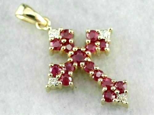 2CT Lab-Created Red Ruby Religious Cross Pendant Necklace 14K Yellow ...