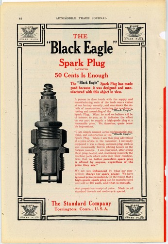 1914 Standard Co. Ad: Black Eagle Spark Plugs - Torrington, Connecticut ...