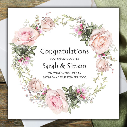 personalised WEDDING DAY CARD rustic pink roses special couple any ...